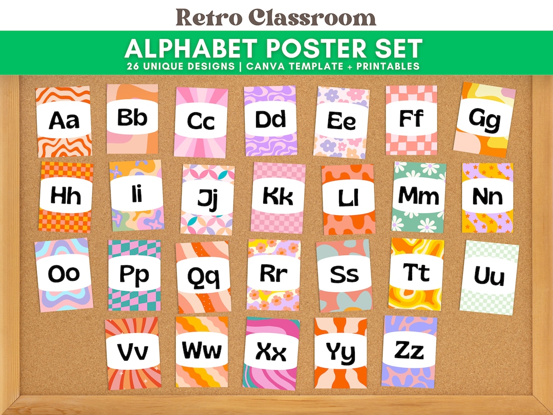 Retro Classroom Decor Bundle - Alphabet Posters & Bulletin Board Kit ...