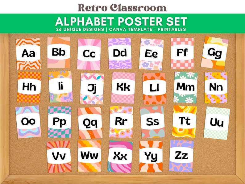 Retro Classroom Decor Bundle - Alphabet Posters & Bulletin Board Kit ...
