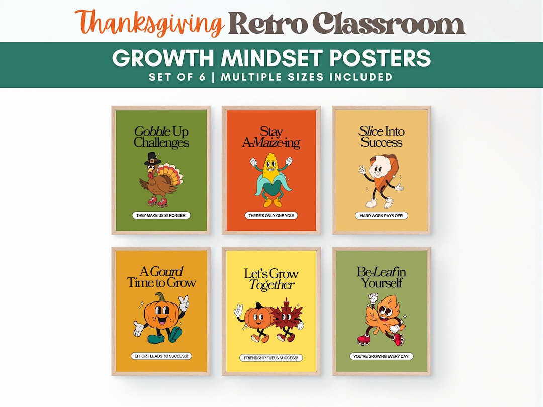 Retro Thanksgiving Classroom Growth Mindset Poster Set | Fall Bulletin ...