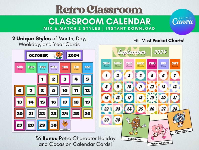 Retro-themed Classroom Calendar Set | Digital Printable Calendar Cards ...