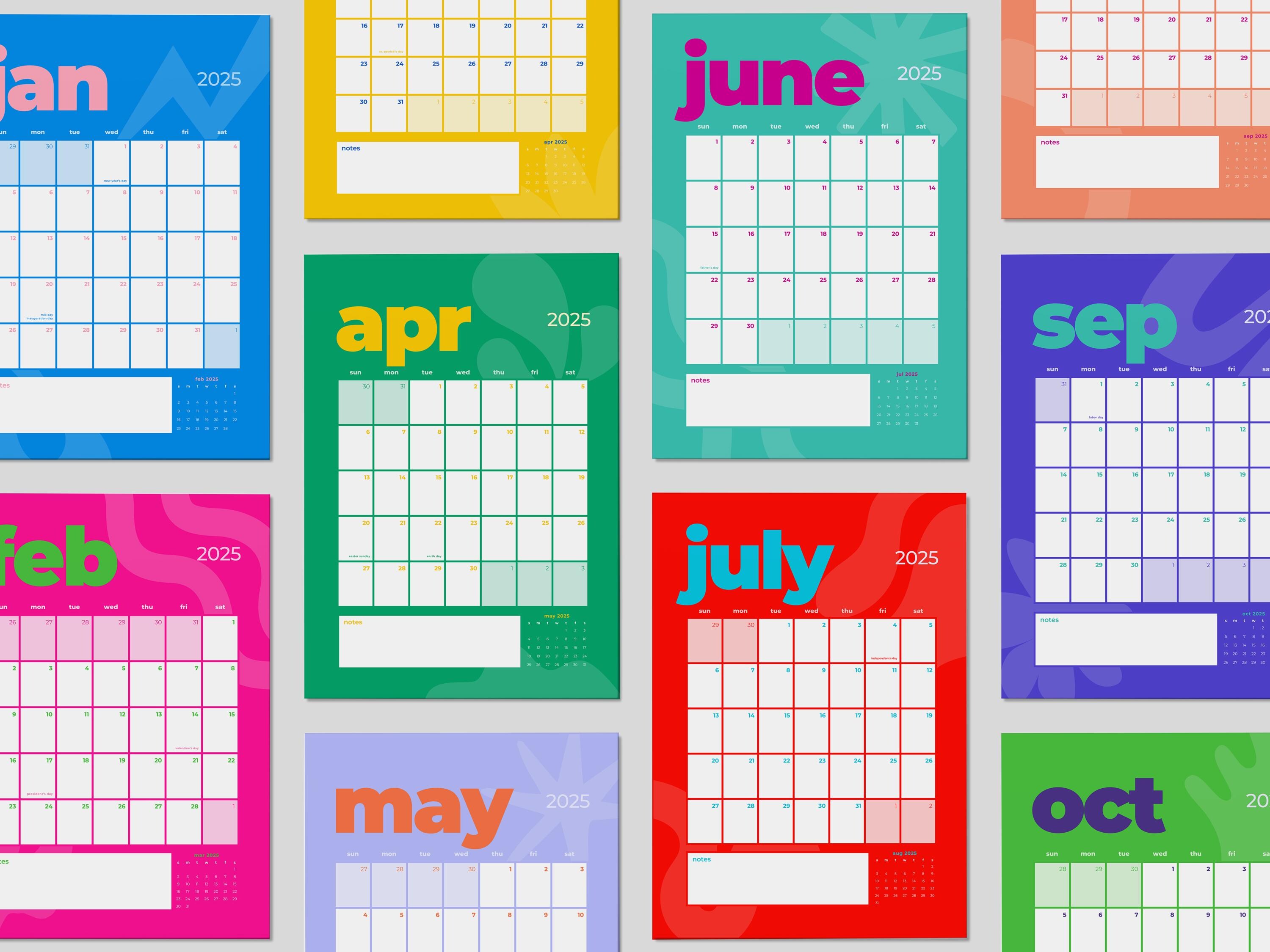 Bright Colorful 2025 Wall Calendar | Printable 2025 Calendar | Giant ...