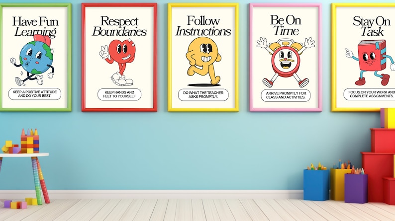 Retro Classroom Bundle: Colorful Classroom Rules Posters, Teacher ...