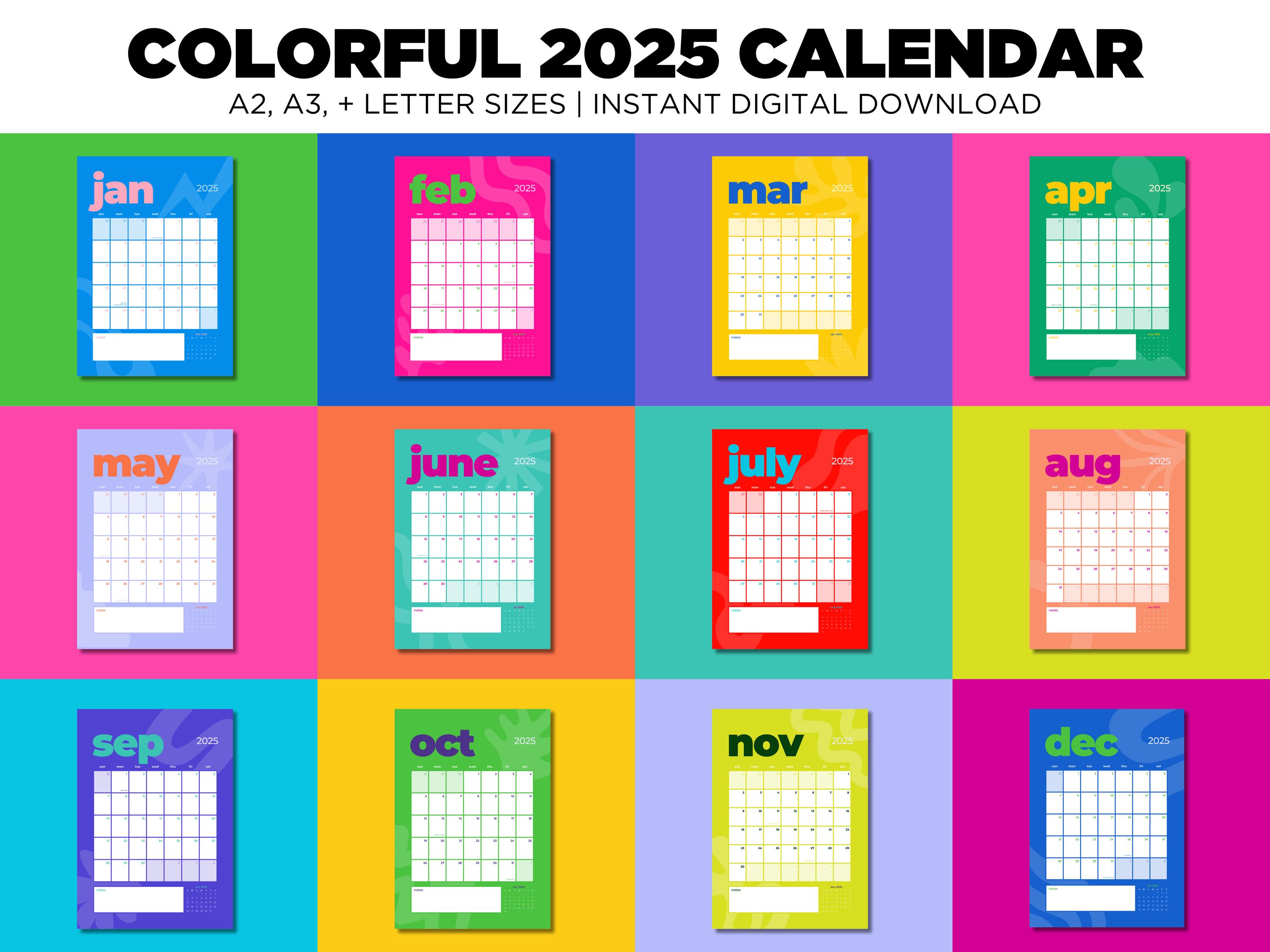 Bright Colorful 2025 Wall Calendar | Printable 2025 Calendar | Giant ...