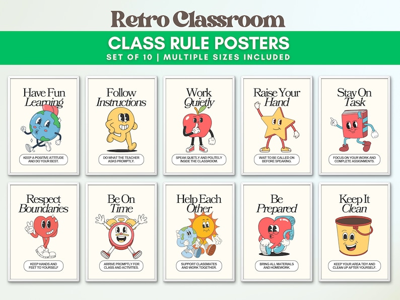 Retro Classroom Bundle: Colorful Classroom Rules Posters, Teacher ...