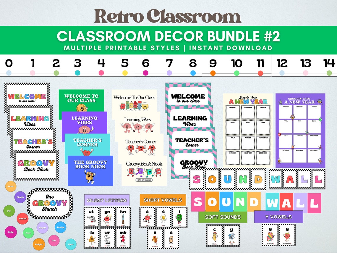 Retro-themed Classroom Decor Bundle | Groovy Classroom Signs, Sound ...