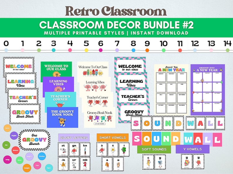 Retro-themed Classroom Decor Bundle | Groovy Classroom Signs, Sound ...
