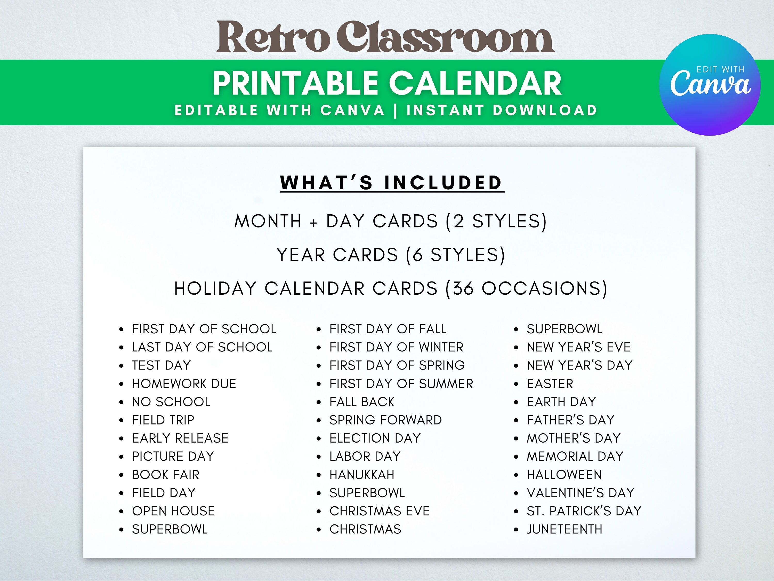 Retro-themed Classroom Calendar Set | Digital Printable Calendar Cards ...