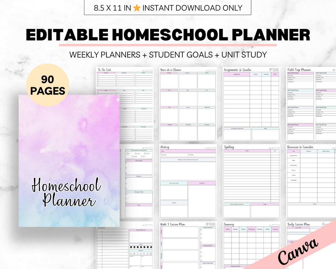Editable Homeschool Teacher Planner Student Goals Unit Study Weekly ...