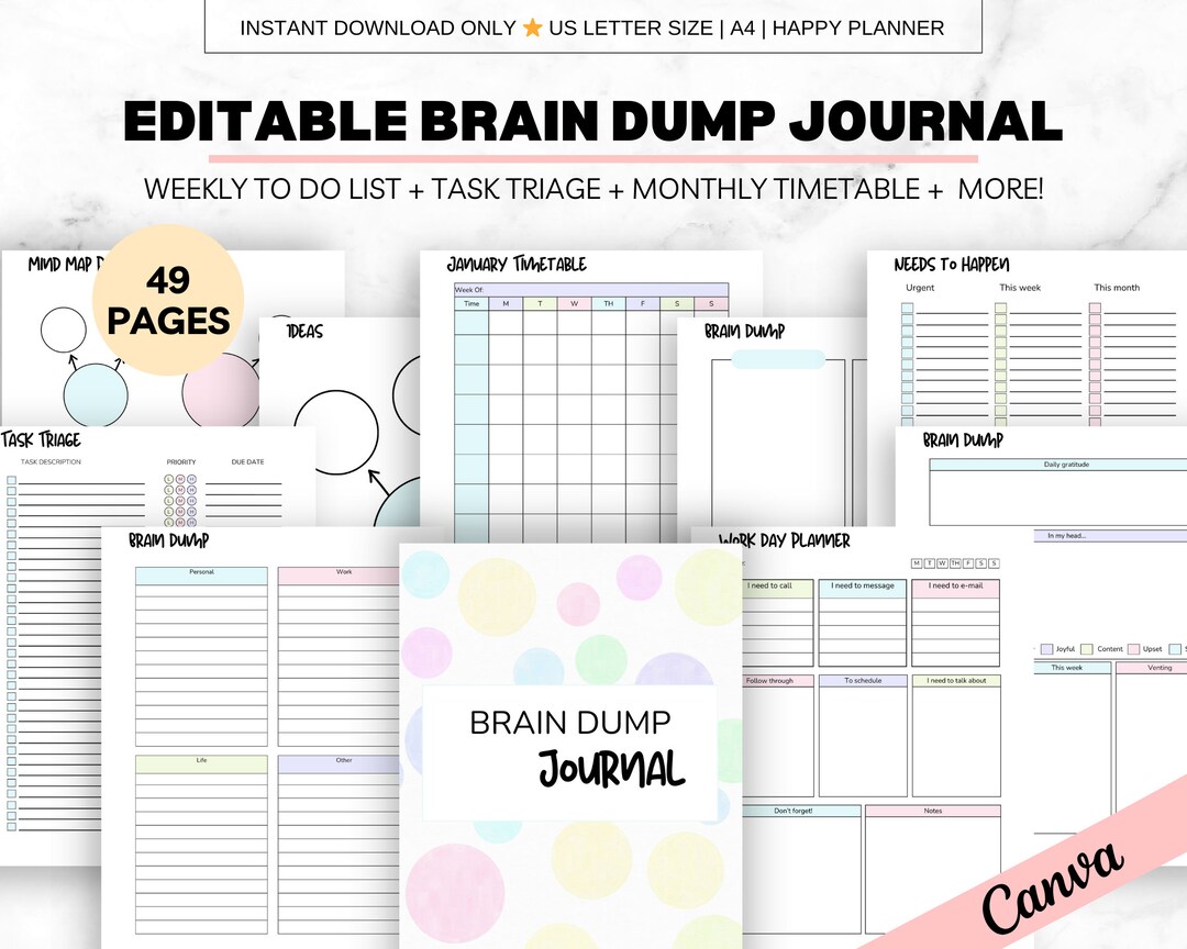 Brain Dump Journal Mind Mapping Declutter Task Triage List ADHD Planner ...