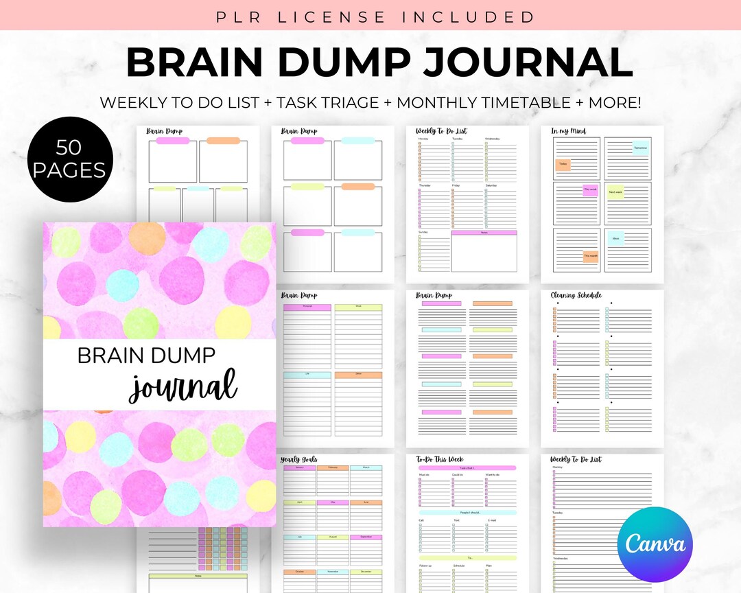 Brain Dump Journal Monthly Timetable Work Day Planner Weekly to Do List ...