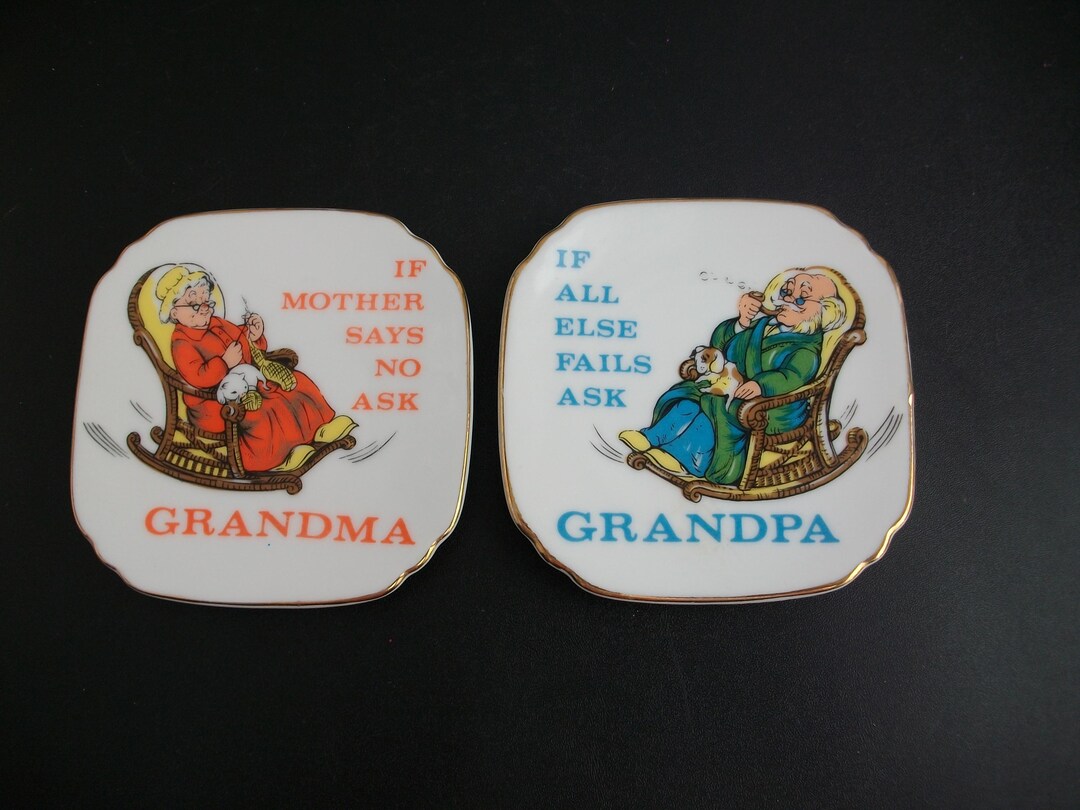 Vintage Cartoon Grandma & Grandpa Miniature Plates – Novelty Decor, Set ...