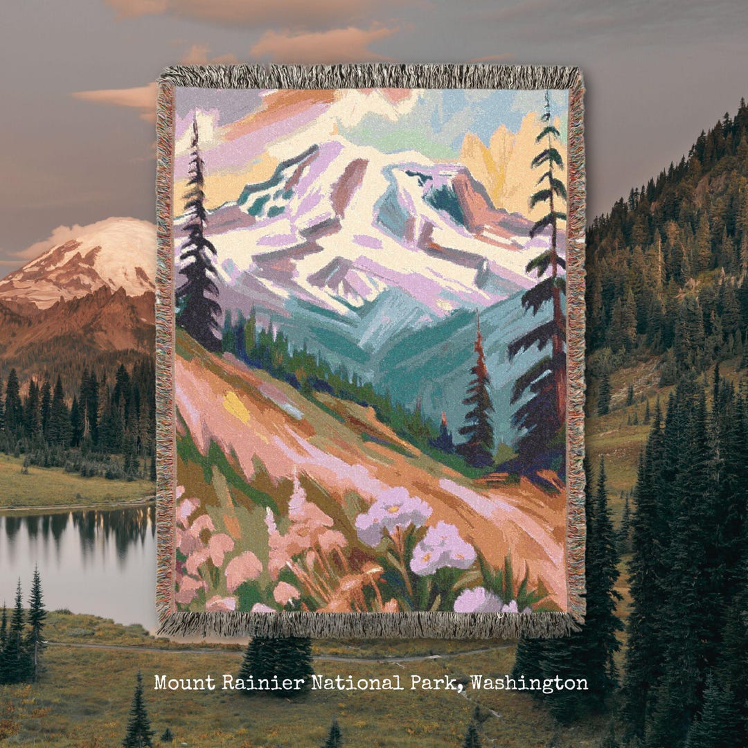 Mount Rainier Woven Blanket Oil Painting Style Washington Home Décor Throw Blanket Cozy ...