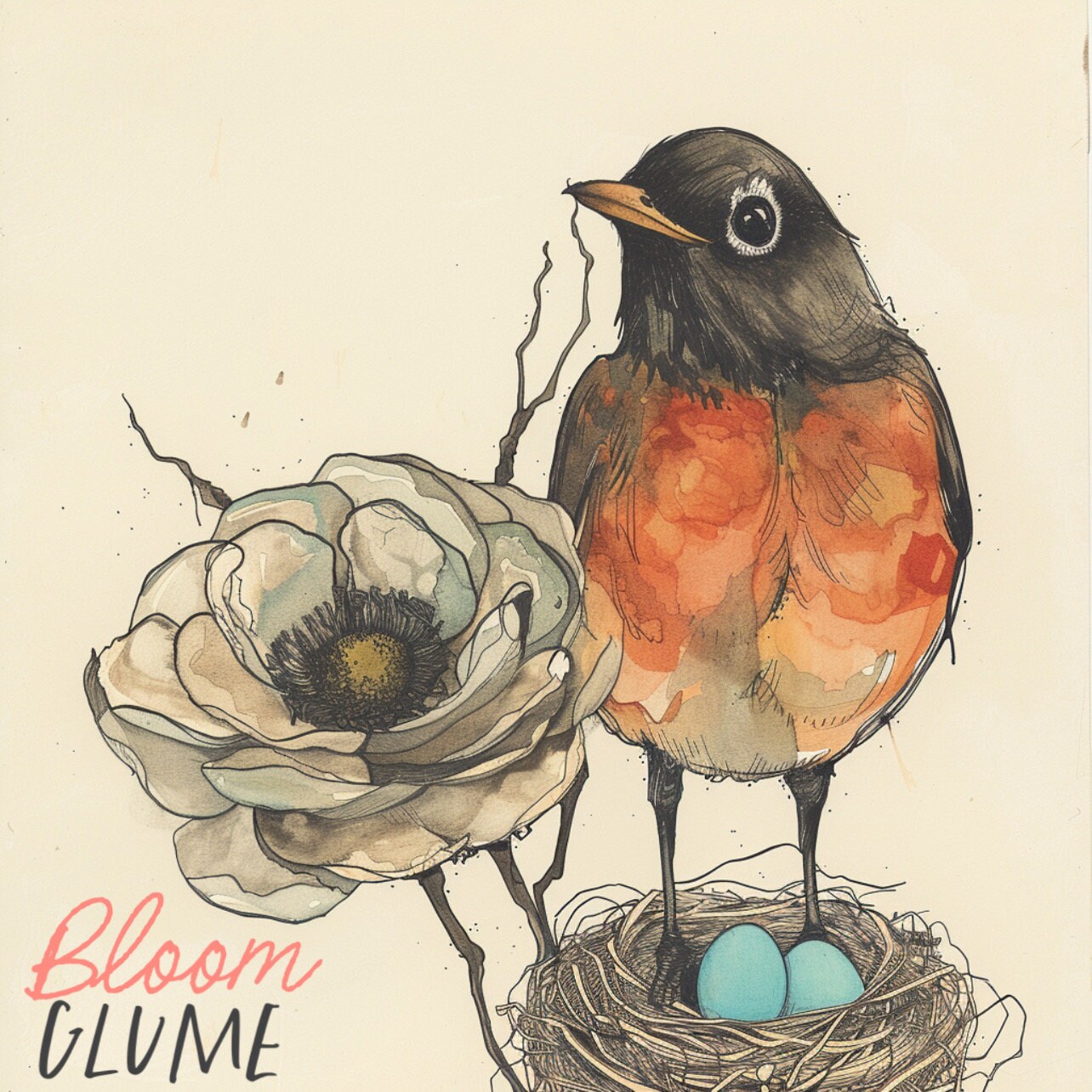 Robin With Nest and Blue Eggs Whimsical Art Nature Art Cottagecore Bird ...