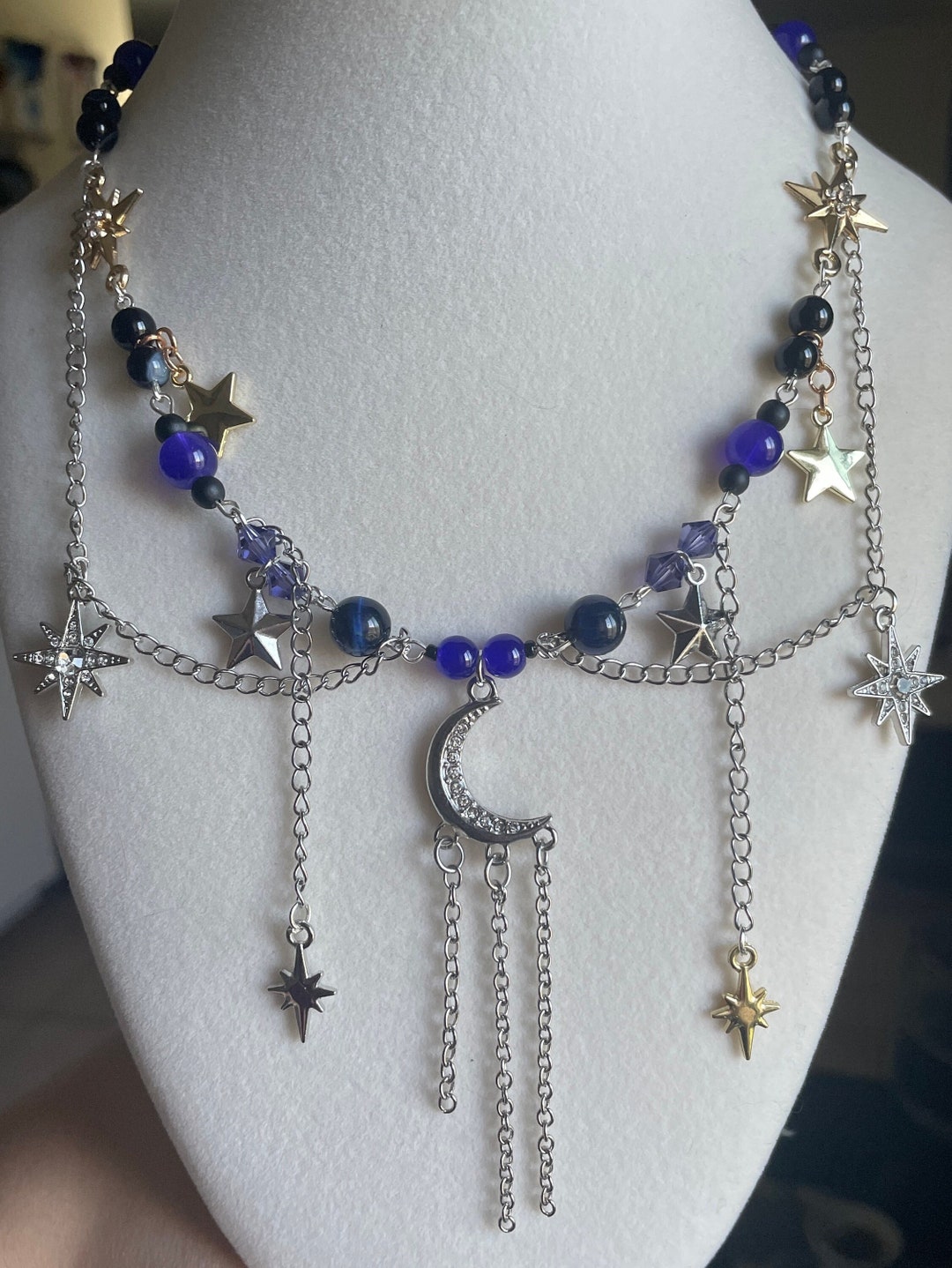 Silver and Gold Starry Moon Night Sky Blue Beaded Chained Choker - Etsy