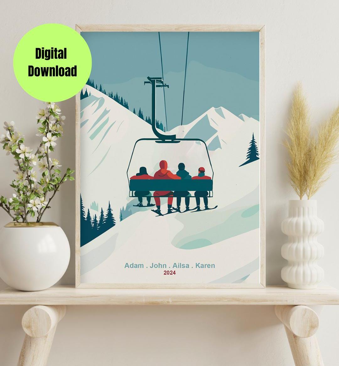 Custom Family Ski Lift Poster: Personalized Ski Trip Print (digital ...