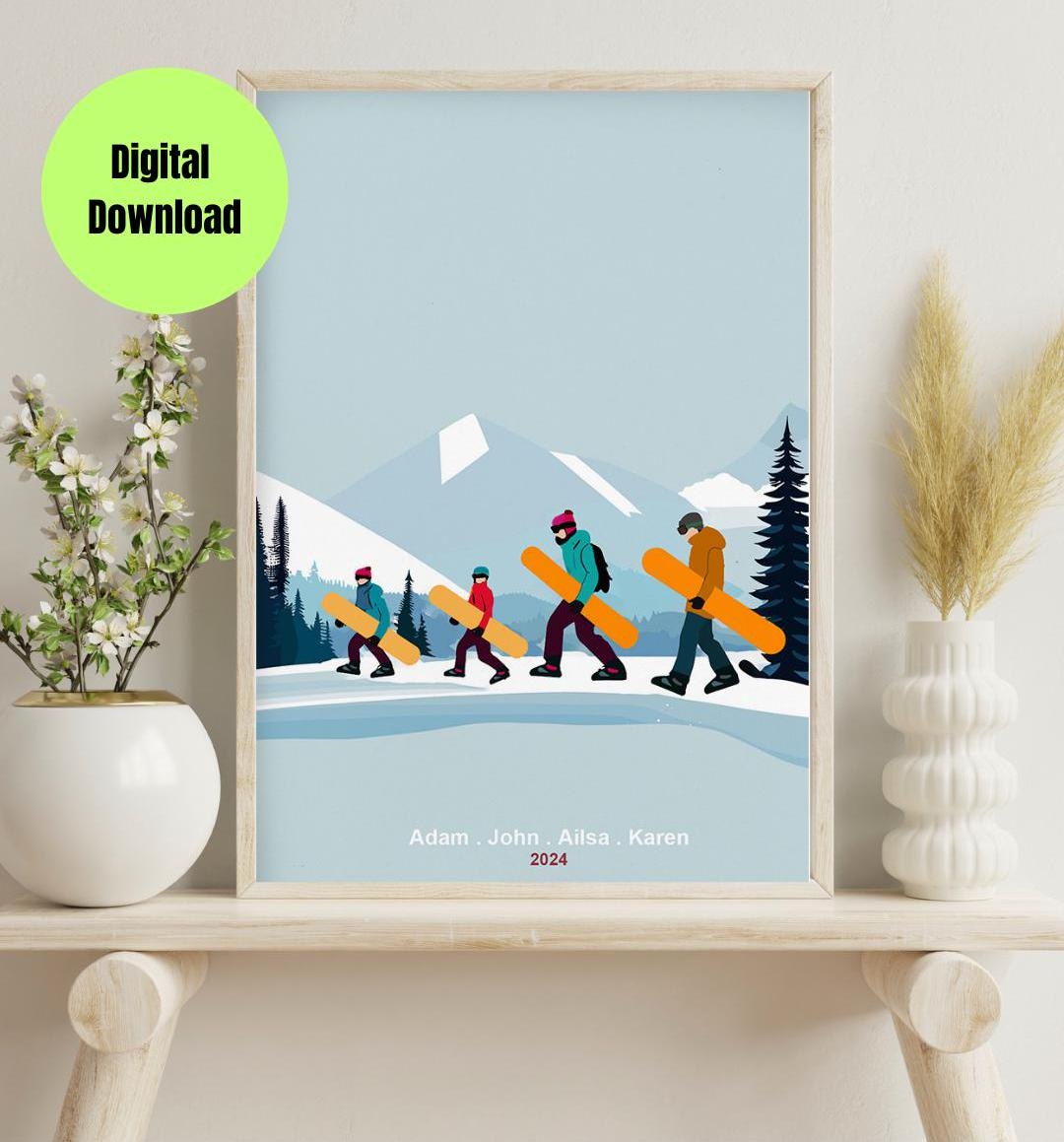 Personalized Family Snowboarding Poster, Custom Snowboard Print, Family ...