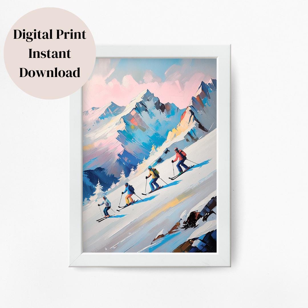 Skiing Painting Pastel Oil Painting Winter Wall Art Ski Poster Cute ...