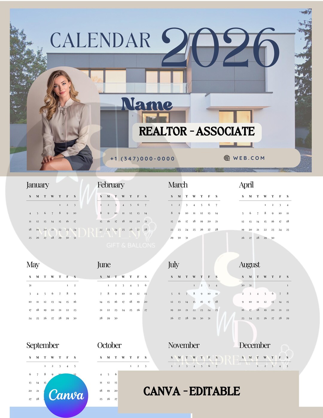 2026 Real Estate Calendar Template | Editable Canva Design | Printable ...
