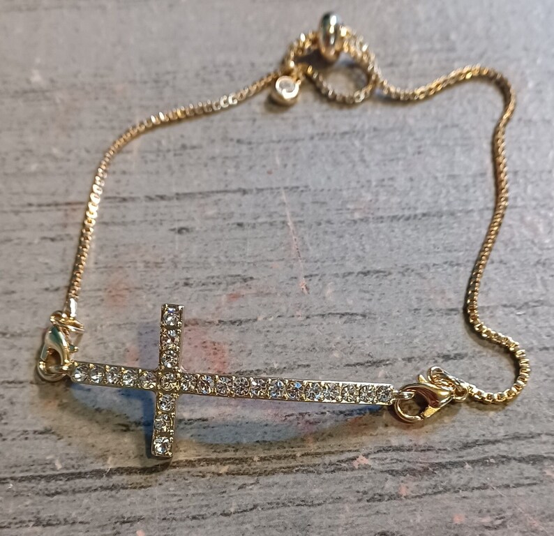 Gold Color Cross With Rhinestones Slider Chain Bracelet - Etsy