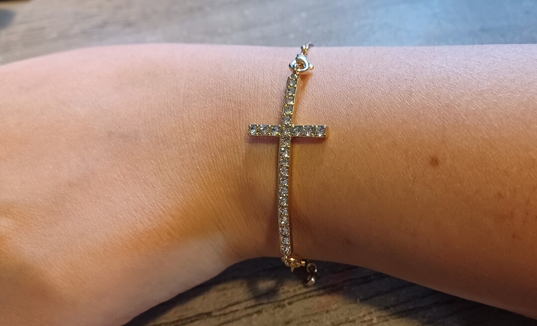 Gold Color Cross With Rhinestones Slider Chain Bracelet - Etsy