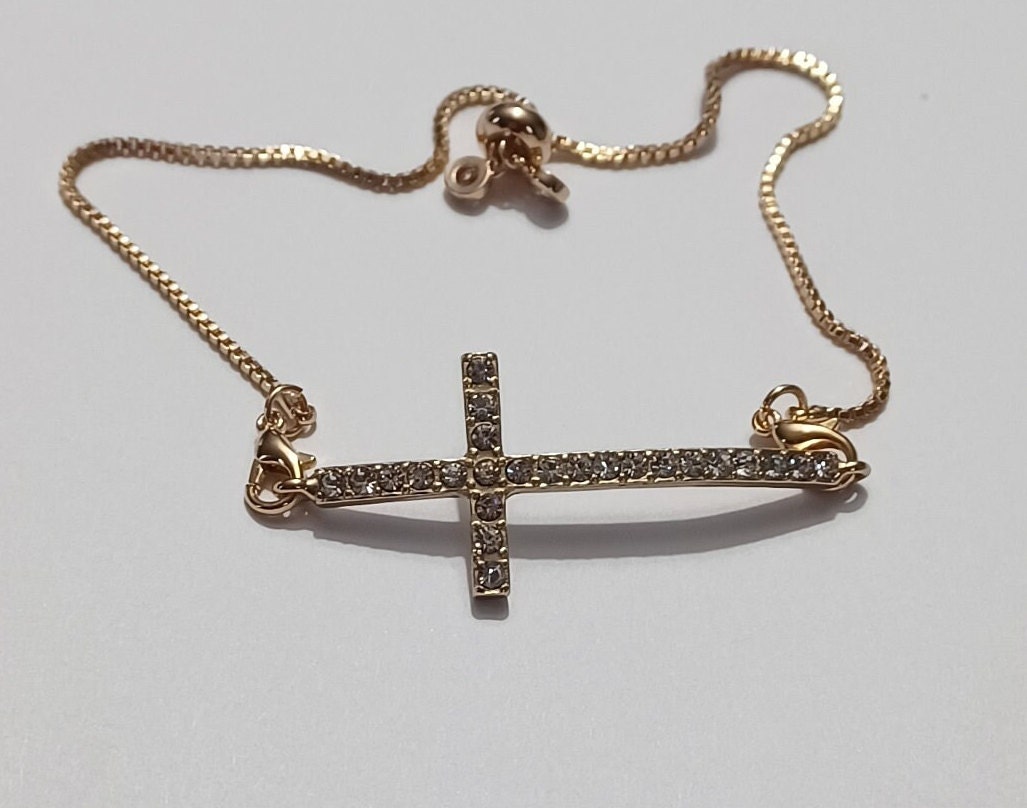 Gold Color Cross With Rhinestones Slider Chain Bracelet - Etsy