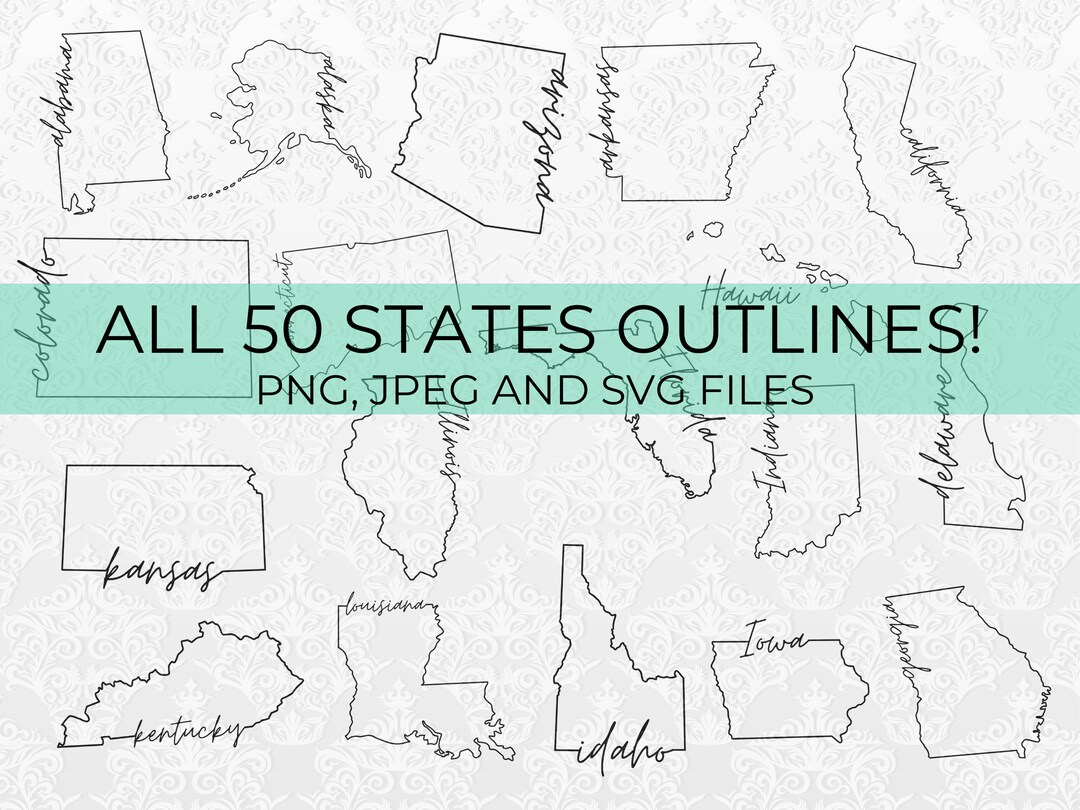 Complete 50 US States Outline Bundle | Png, SVG, JPEG Files | Cricut ...