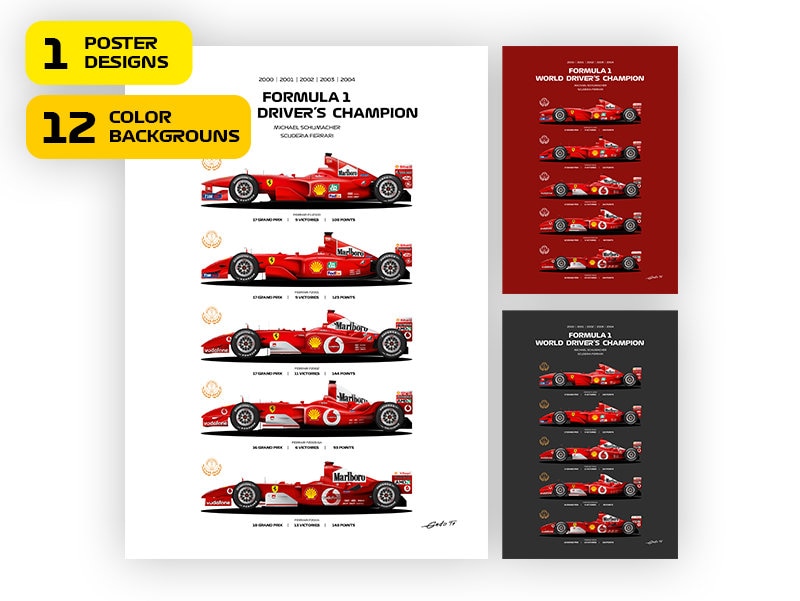 F1 Ferrari F1-2000,F2001,F2002,F2003-GA,F2004, Schumacher Car, World Champion 2000-2004, Vector ...