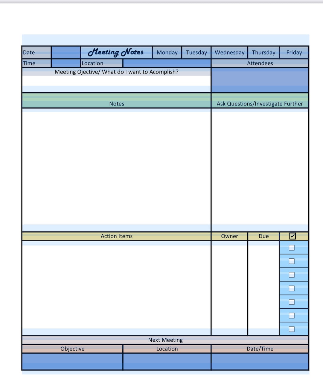 Meeting Notes Excel Template - Etsy