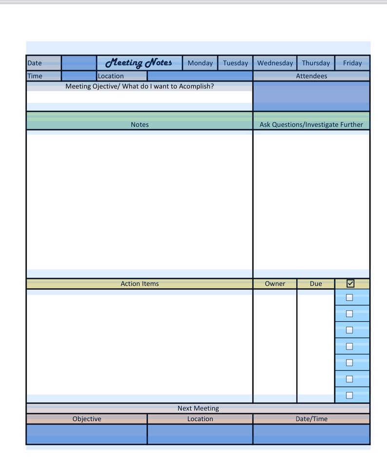 Meeting Notes Excel Template - Etsy