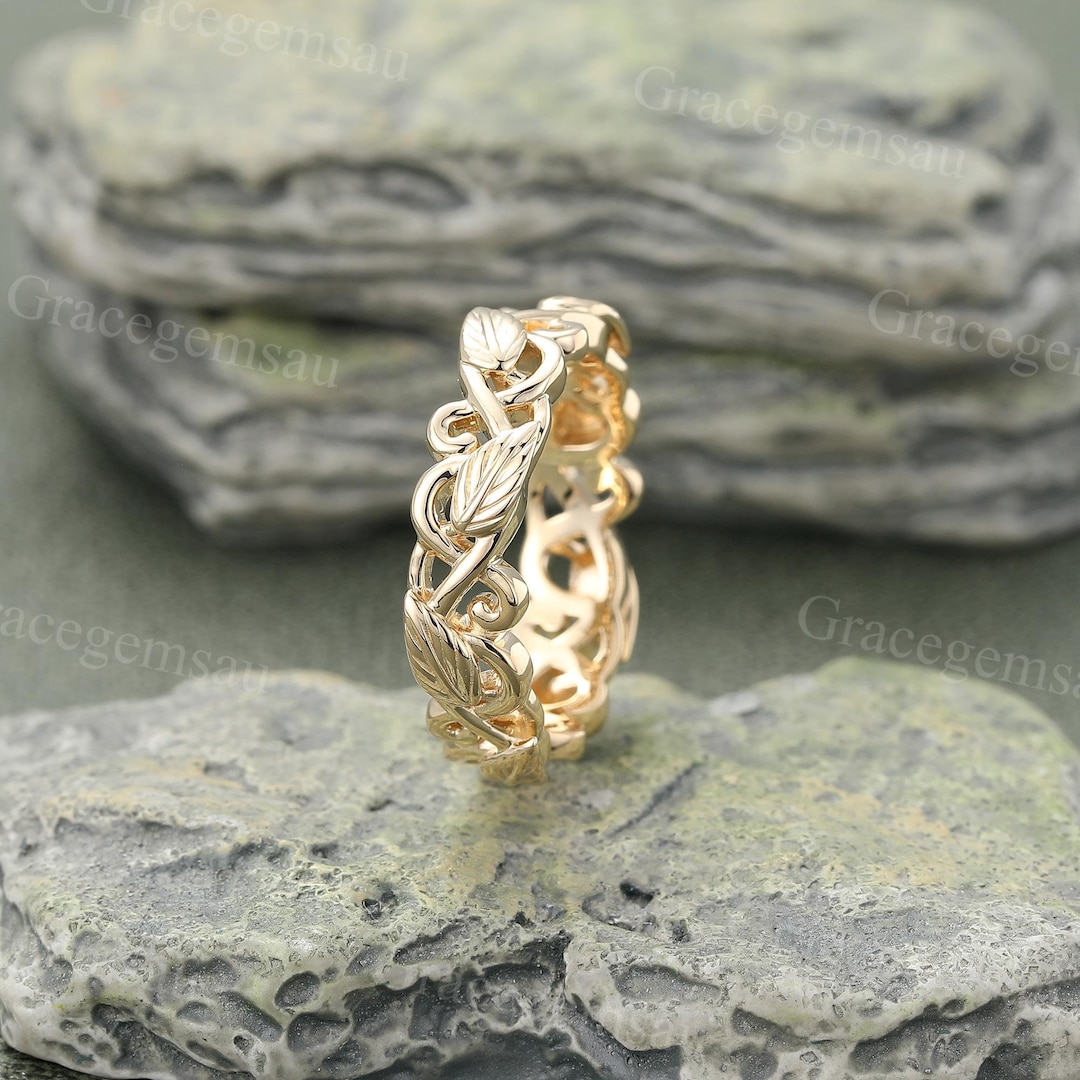 5mm Vintage Fretwork Carved Leaf Wedding Band Twist Leaf Yellow Gold ...
