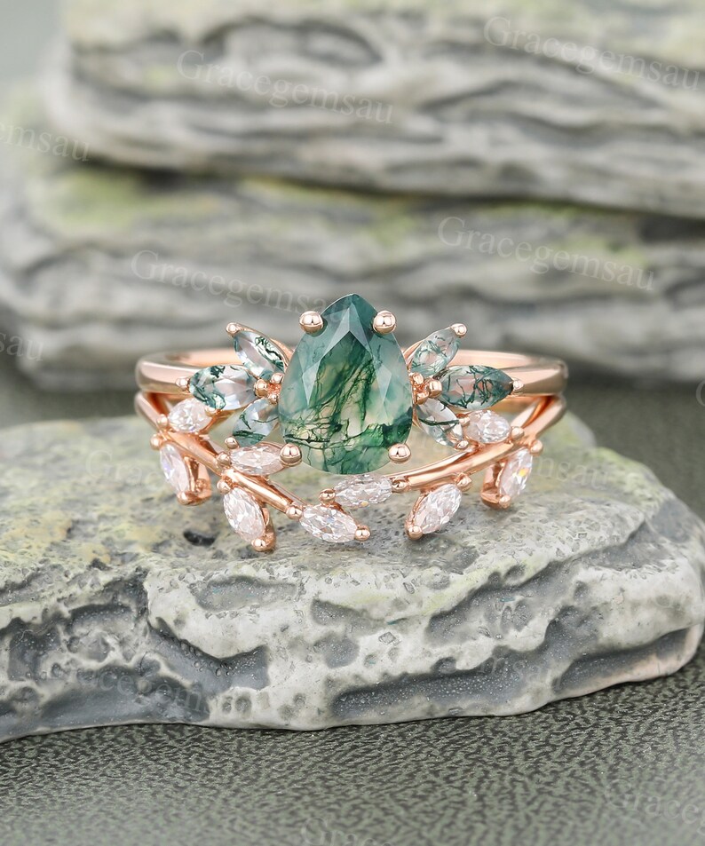 Pear Shaped Moss Agate Engagement Ring Set Vintage Rose Gold - Etsy