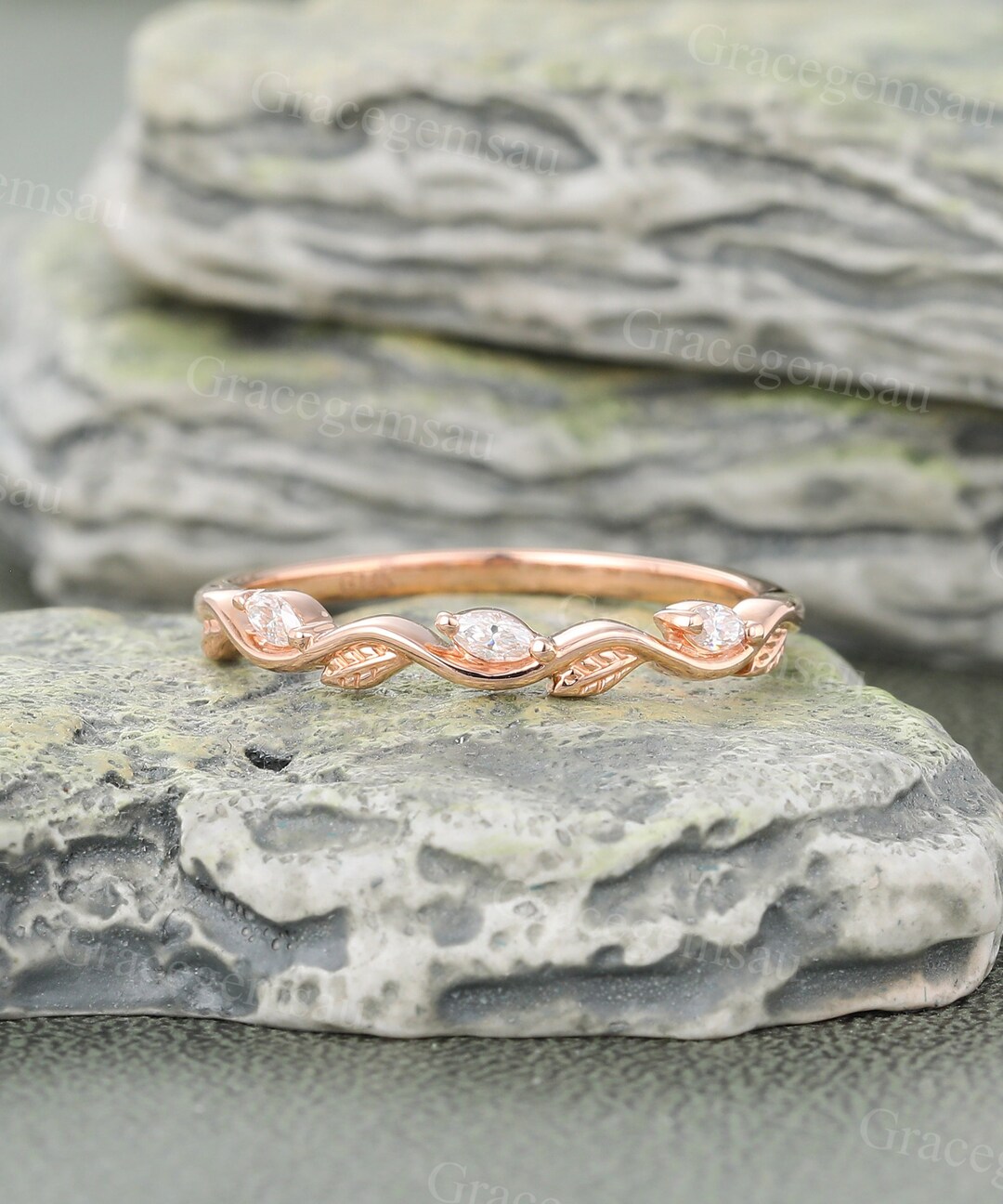 Filigree Wedding Band Unique Marquise Cut Diamond Rose Gold Leaf Ring ...