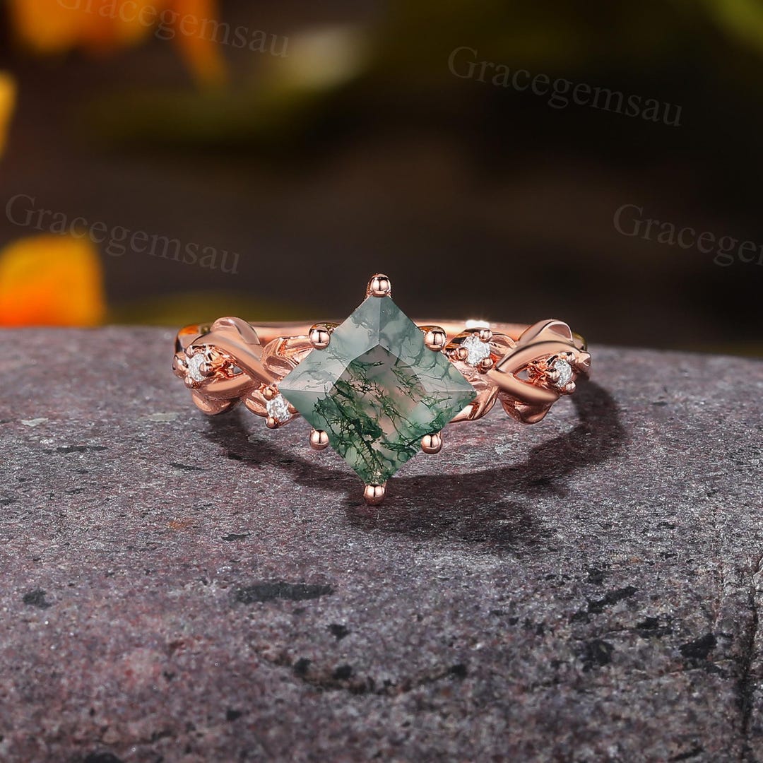Natural Inspired Princess Moss Agate Leaf Engagement Ring Twig Rose ...