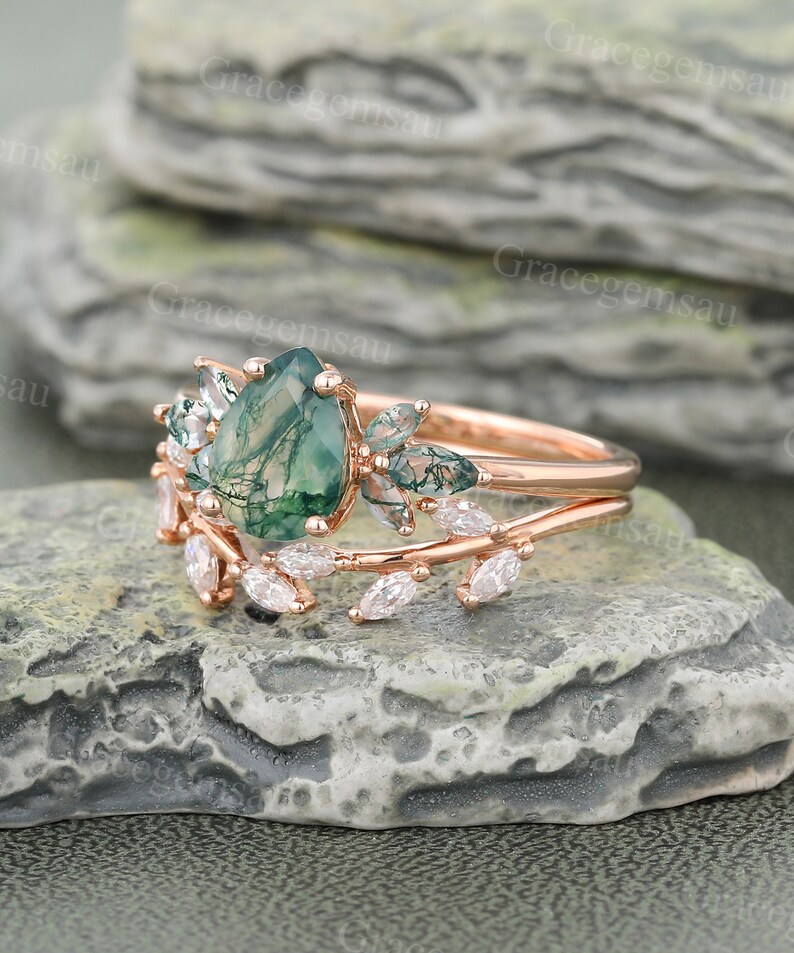 Pear Shaped Moss Agate Engagement Ring Set Vintage Rose Gold - Etsy