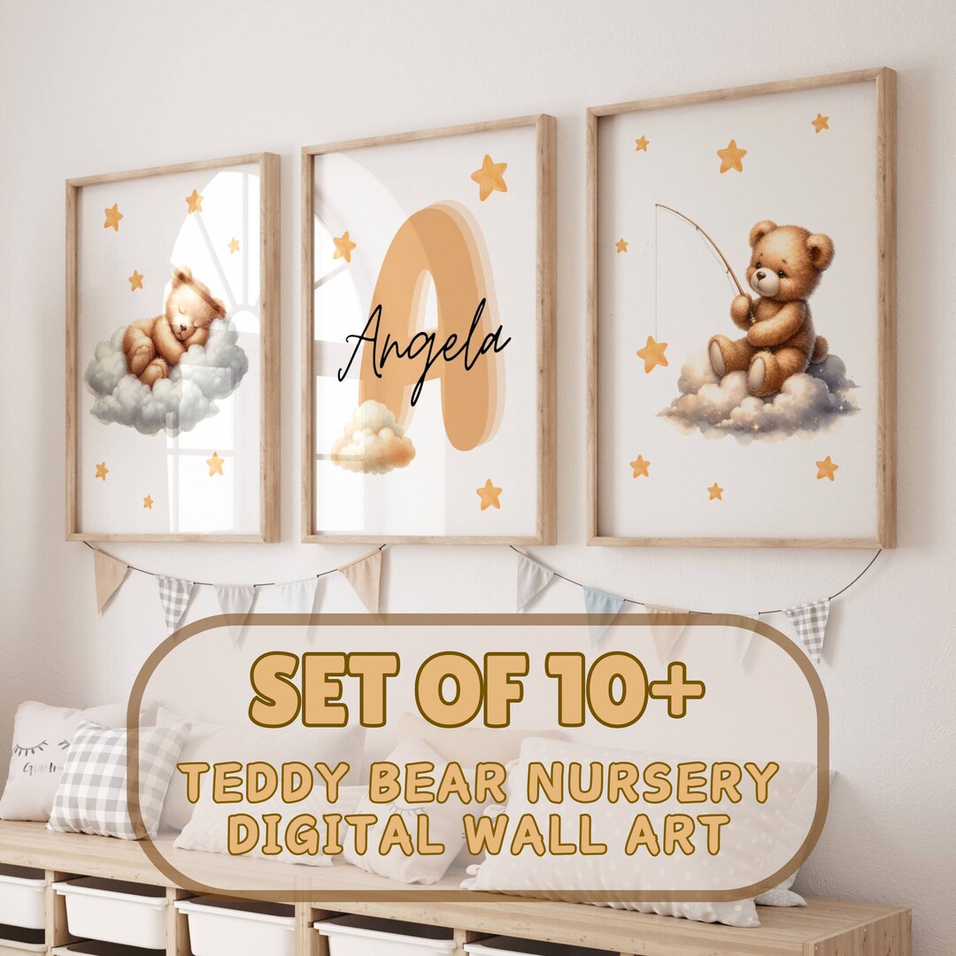 Teddy Bear Nursery Print Set: Custom Name Watercolor Art (digital ...