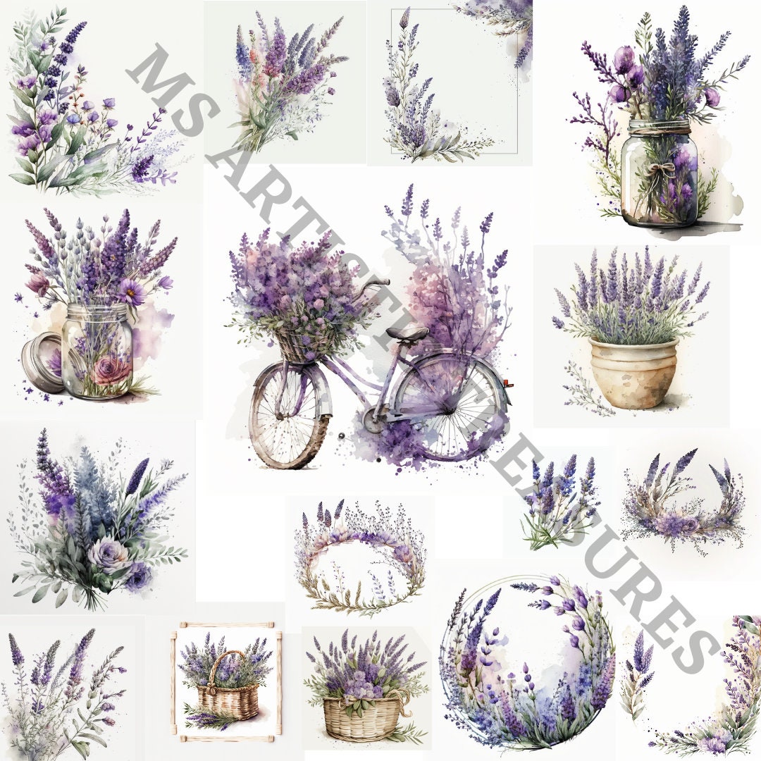 Watercolor Lavender Clipart Bundle Floral Bouquet PNG Digital Download ...