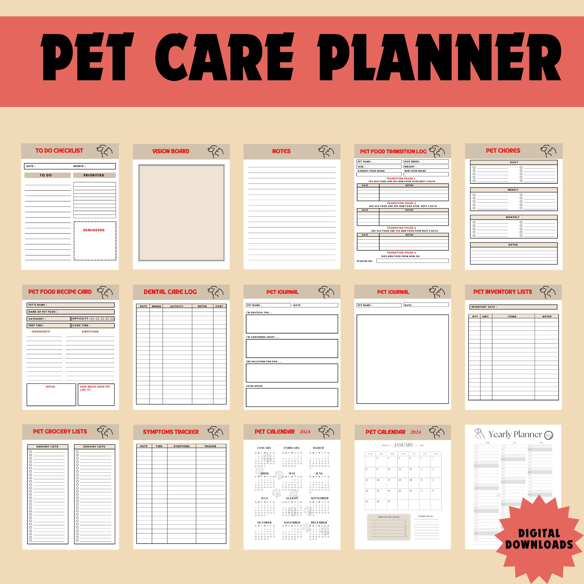 Printable Pet Planner, Fillable Pet Planner, Pet Checklists, Puppy ...