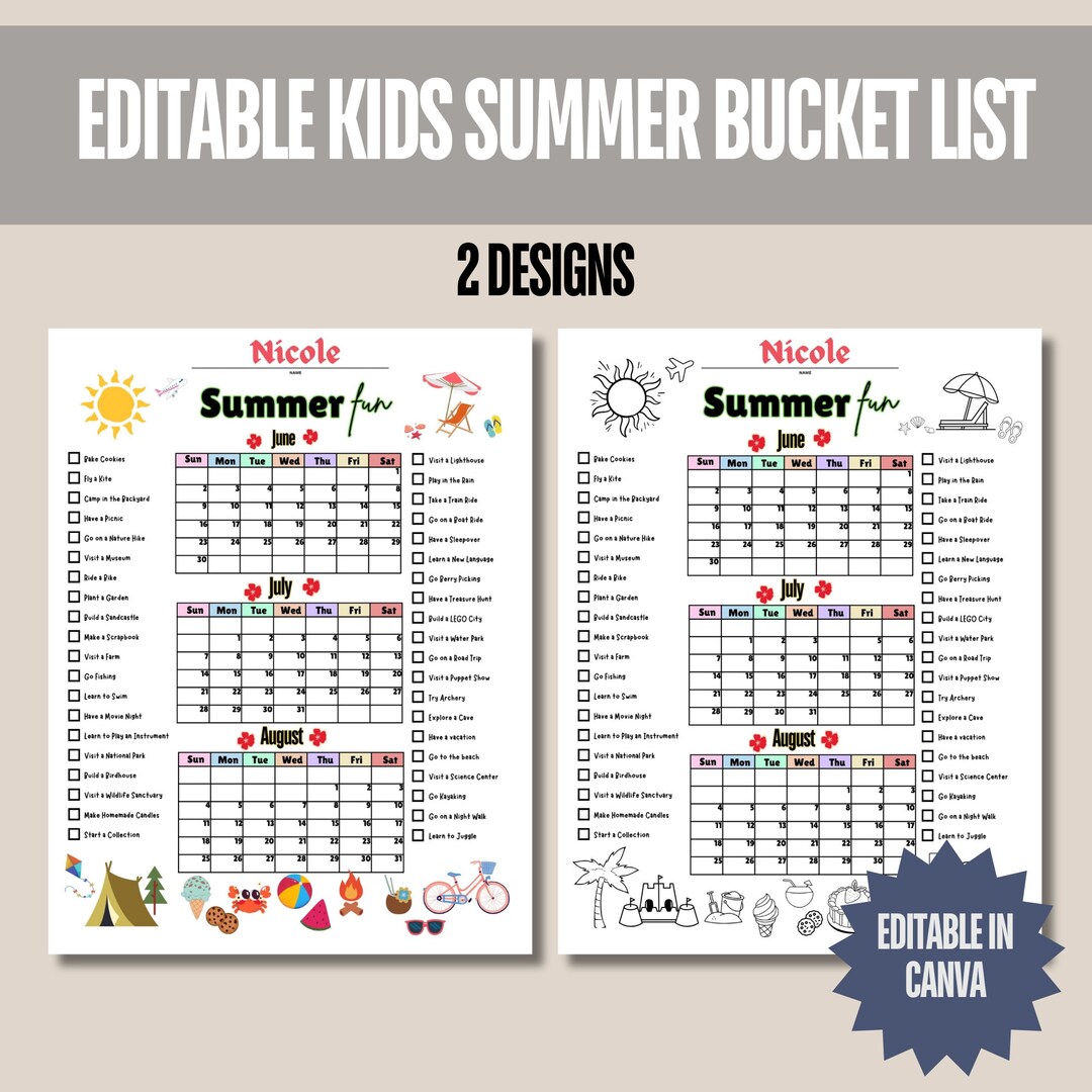 Editable Summer Bucket Lists, Summer Fun Bucket List, Family Planner ...