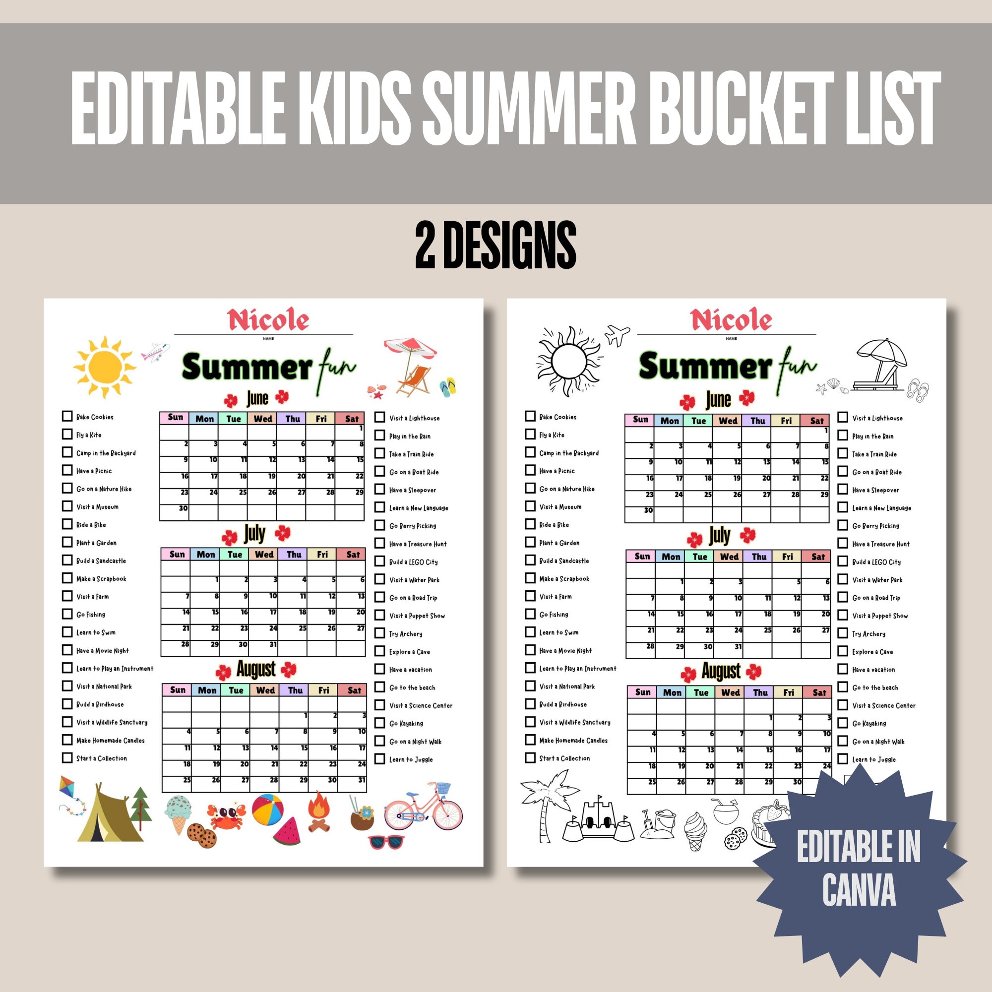 Editable Summer Bucket Lists, Summer Fun Bucket List, Family Planner ...