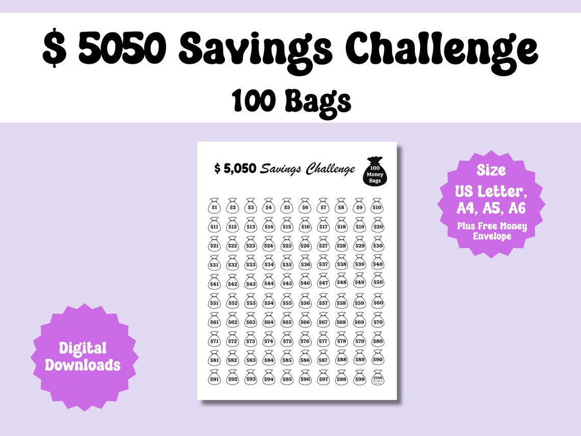 5050 Money Savings Printable Challenge, Savings Tracker Printables, 100 ...