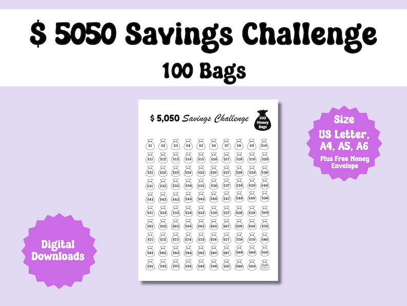 5050 Money Savings Printable Challenge, Savings Tracker Printables, 100 ...