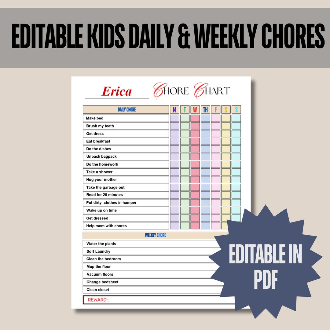 Editable Chore Chart for Kids, Kids Daily Weekly Responsibility Chart ...