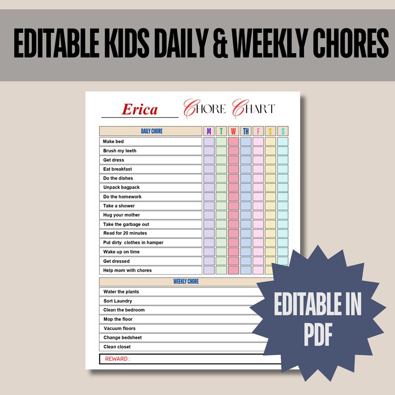 Editable Chore Chart for Kids, Kids Daily Weekly Responsibility Chart ...