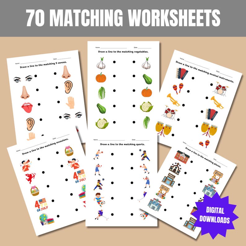70 Printable Matching Worksheets, Match the Picture, 70 Matching ...