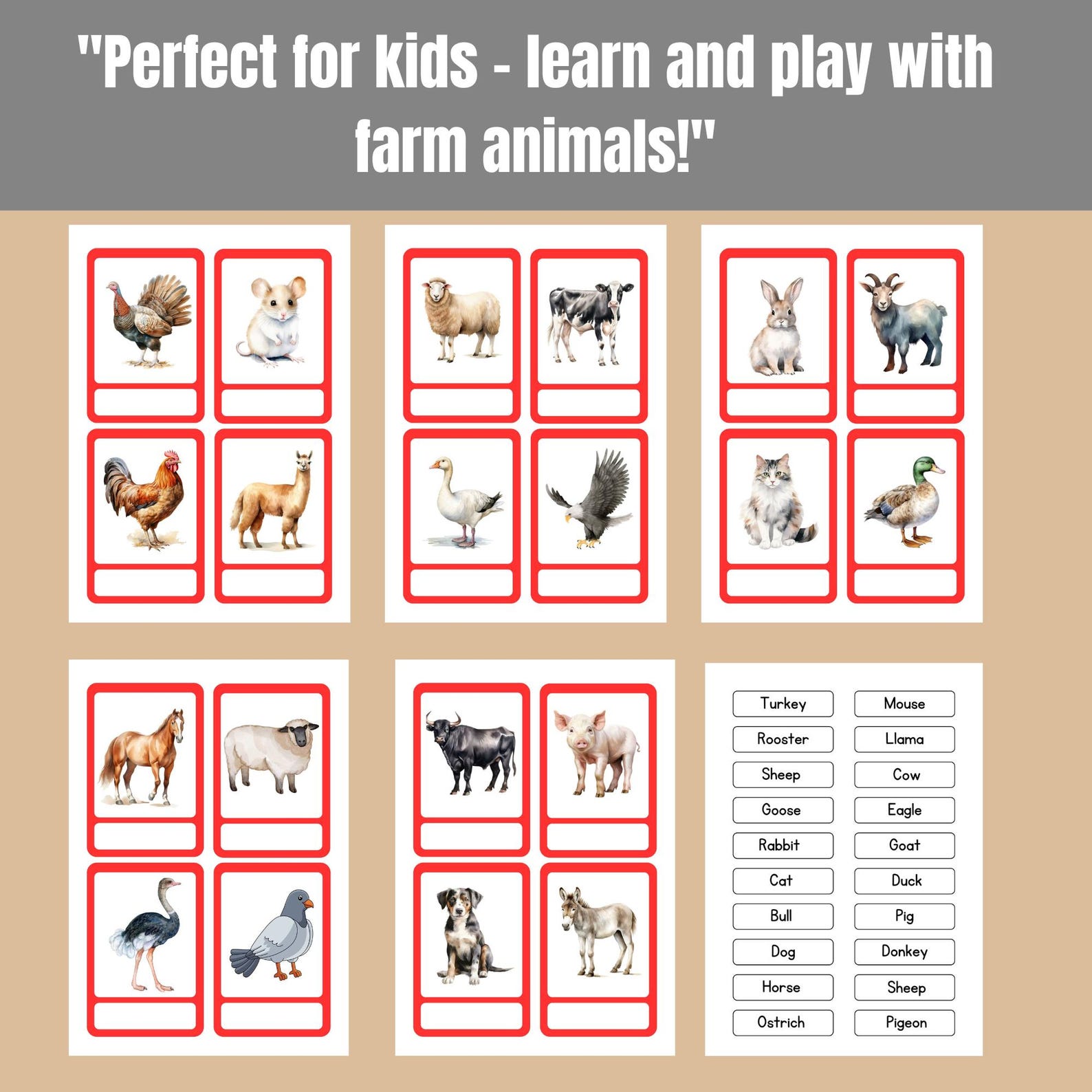 Farm Animals Flash Cards, Montessori Flash Cards, Educational Preschool ...