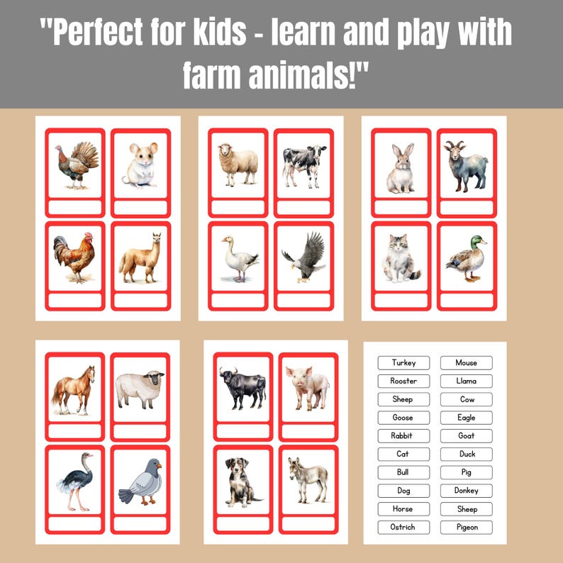 Farm Animals Flash Cards, Montessori Flash Cards, Educational Preschool ...