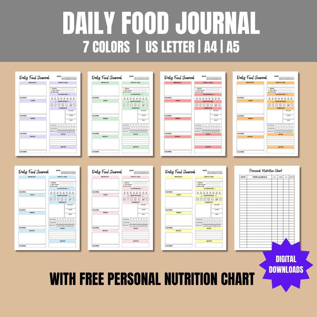 Daily Food Journal, Weekly Planner, Minimalist Daily Calorie Tracker ...