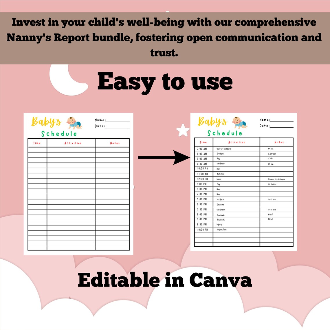 Editable Baby Schedule With Babysitting Notes, Childcare Organizer ...