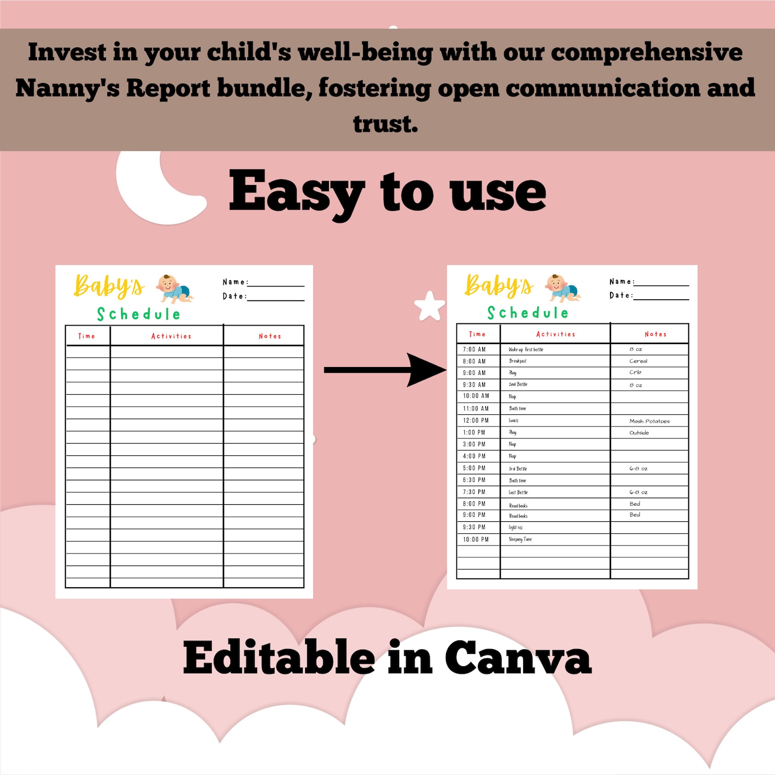 Editable Baby Schedule With Babysitting Notes, Childcare Organizer ...