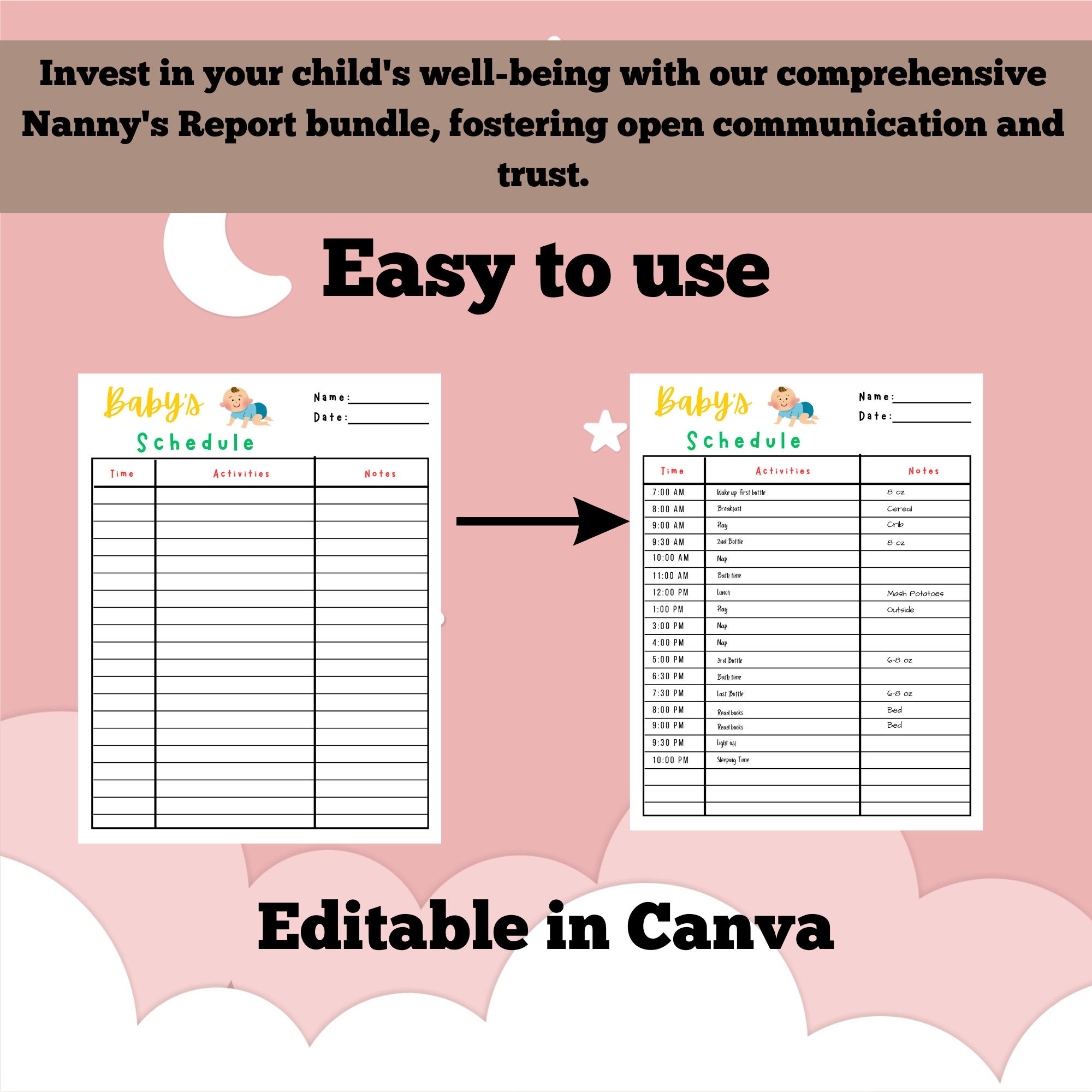 Editable Baby Schedule With Babysitting Notes, Childcare Organizer ...